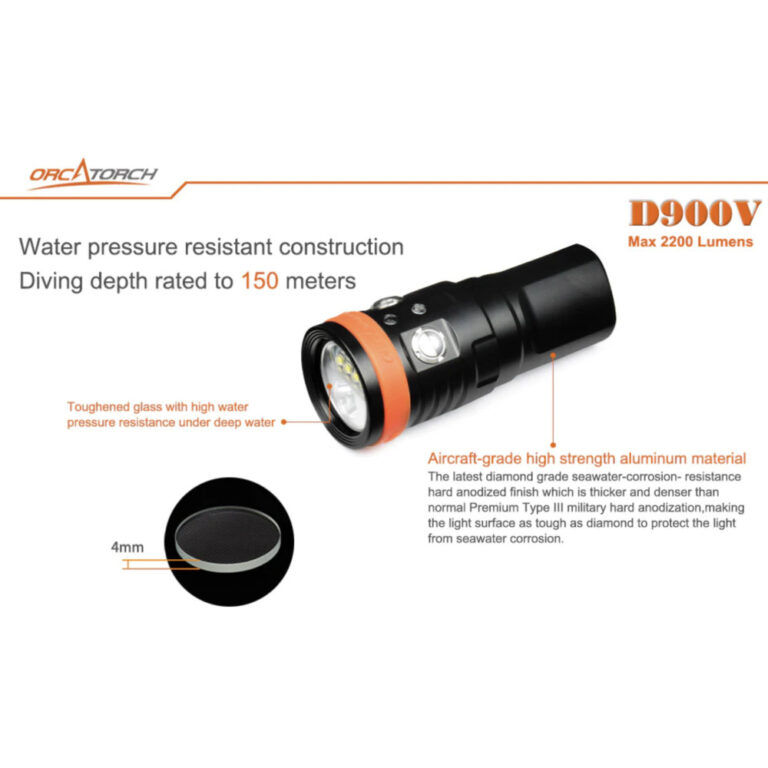 OrcaTorch D900V Rechargeable Video Dive Torch with Four Colour Outputs ...