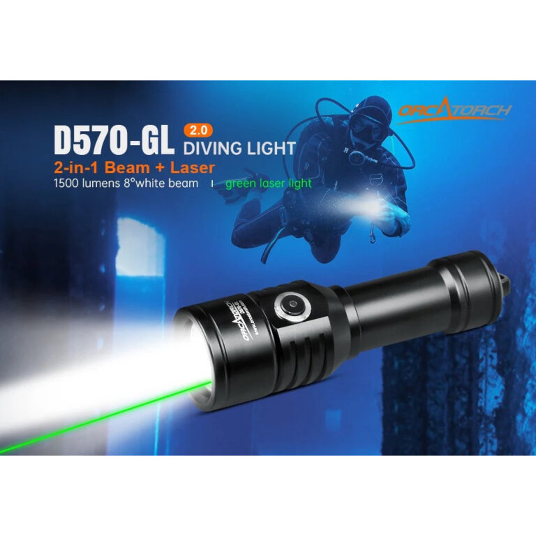 OrcaTorch D570-GL 2.0 Dive Torch, 1500 Lumen White Light, and 5mW Green ...